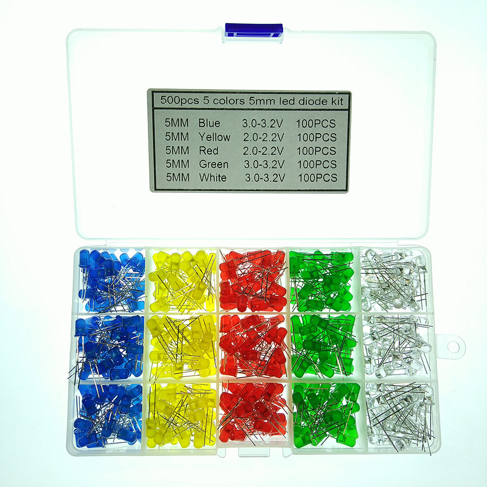 Набор из 500 светодиодных лампочек диаметром 5 мм, 5 цветов, круглые рассеянные светодиоды для электронных проектов и ремонта