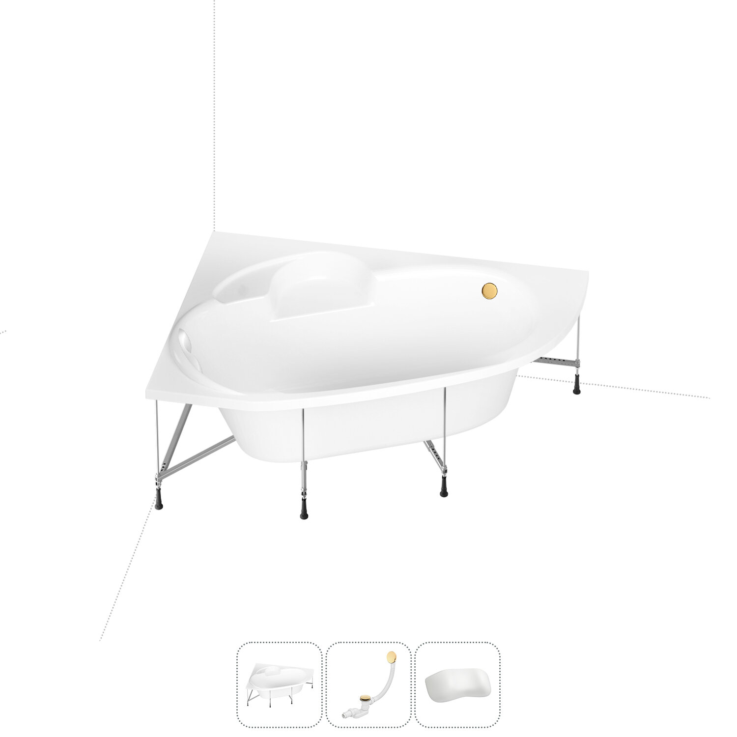 Угловая ванна акриловая 170 x 110 с каркасом Lavinia Boho Bell Pro 20221016R в наборе 4 в 1: асимметричная ванна (левый разворот), каркас, слив-перелив, подголовник