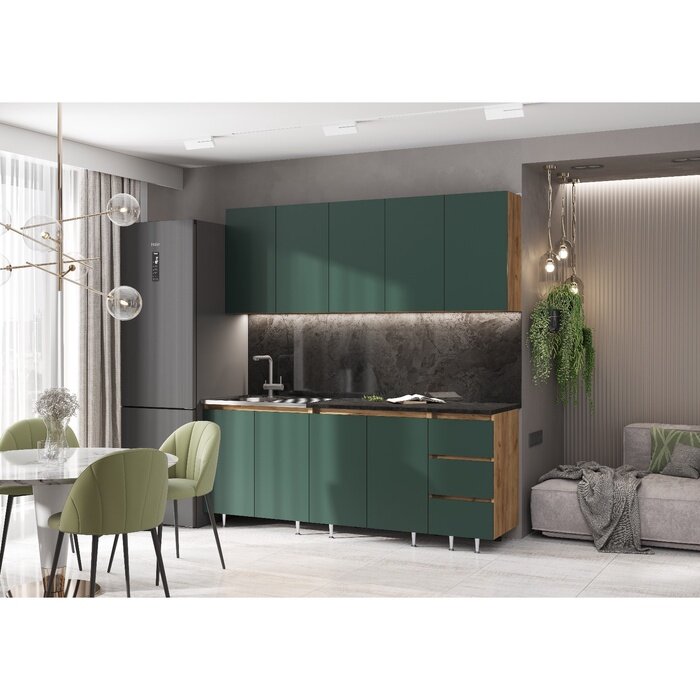 Кухонный гарнитур прямой «Челси», 2000 мм, цвет изумрудный/дуб крафт/кастилло тёмный
