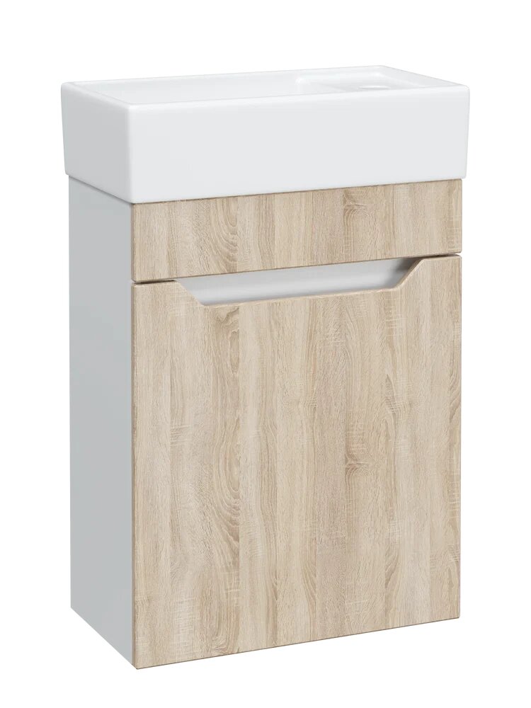 Тумба под раковину без столешницы DIWO Архангельск 40 подвесная, белая, светлое дерево, матовая, из МДФ, тумба для ванной, с дверками