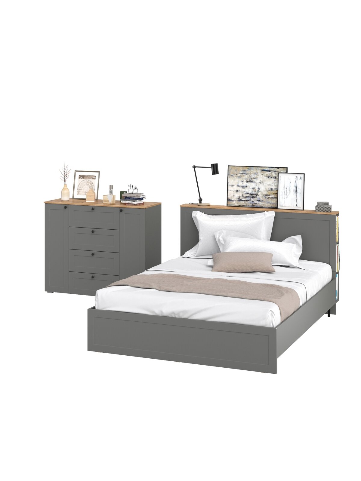 Комод-тумба Остин 16.221 и двуспальная кровать с основанием, серый графит/дуб крафт