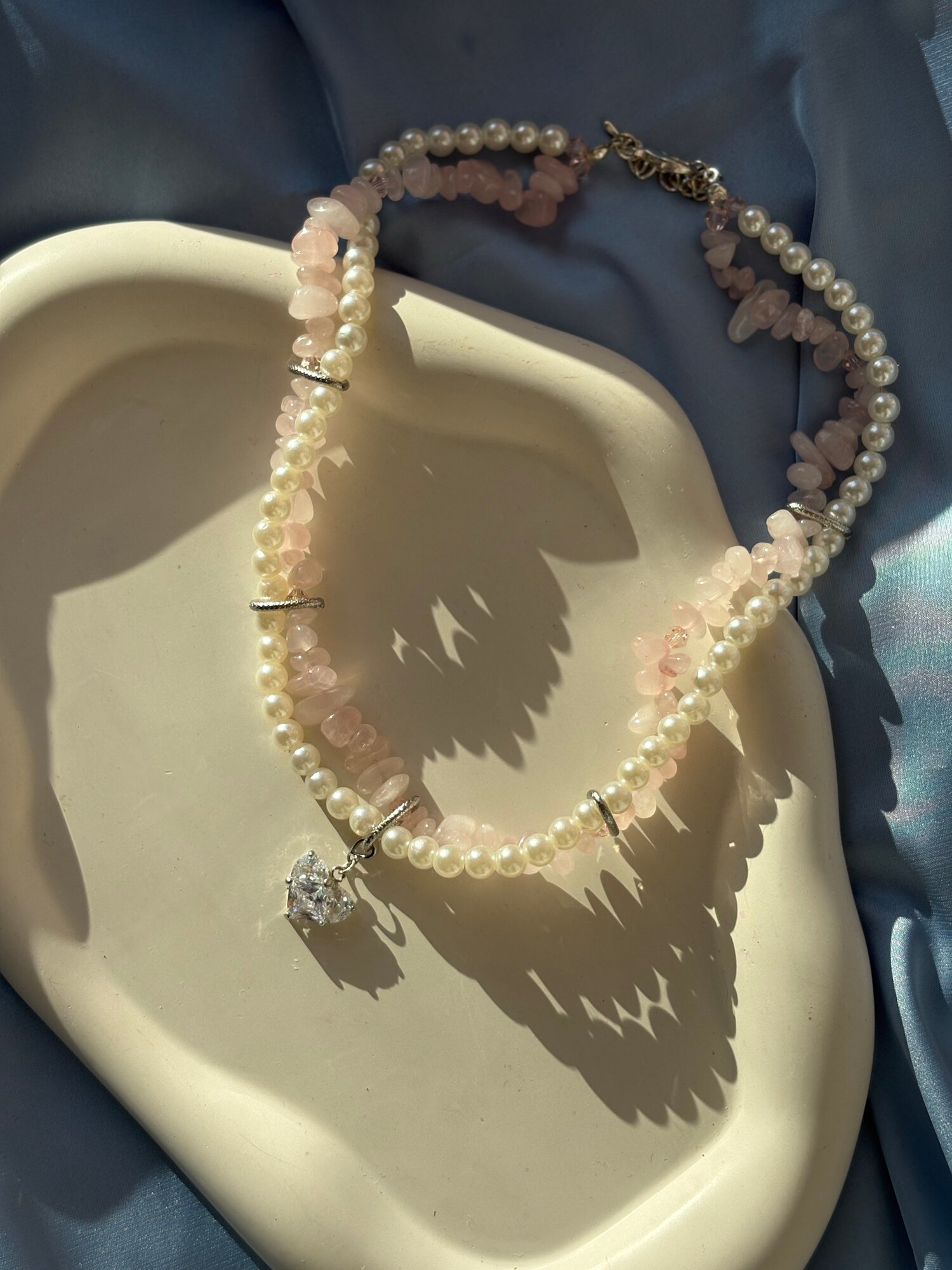 Колье, розовый кварц, фианит