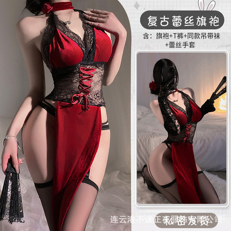 Сексуальное бельё, сексуальная одежда, женская одежда для сна, униформа, красное кружевное чонсам, соблазнительный наряд