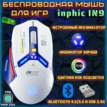 Игровая мышь беспроводная Игровая беспроводная оптическая мышь INPHIC IN9, белый, синий