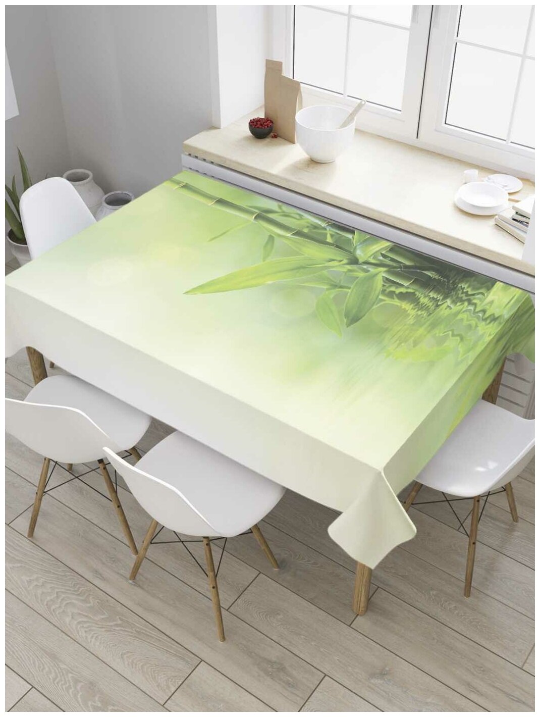 Прямоугольная водоотталкивающая скатерть на стол "Бамбук у воды" 145х180, JoyArty