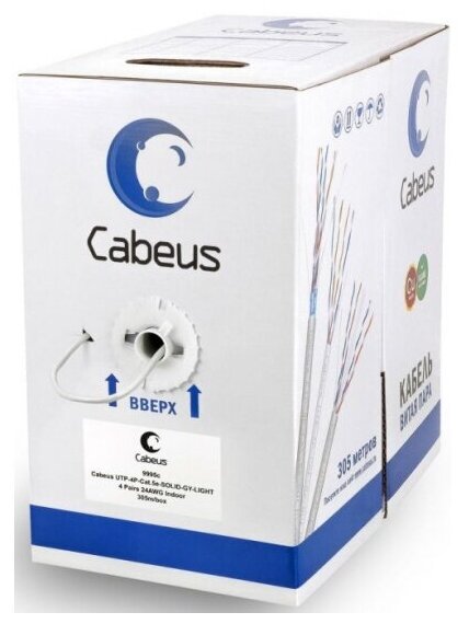 Кабель витая пара Cabeus UTP-4P-Cat.5e-SOLID-GY-LIGHT UTP (U/UTP), категория 5e, 4 пары 0,47 (24 AWG), одножильный, серый (305 м)