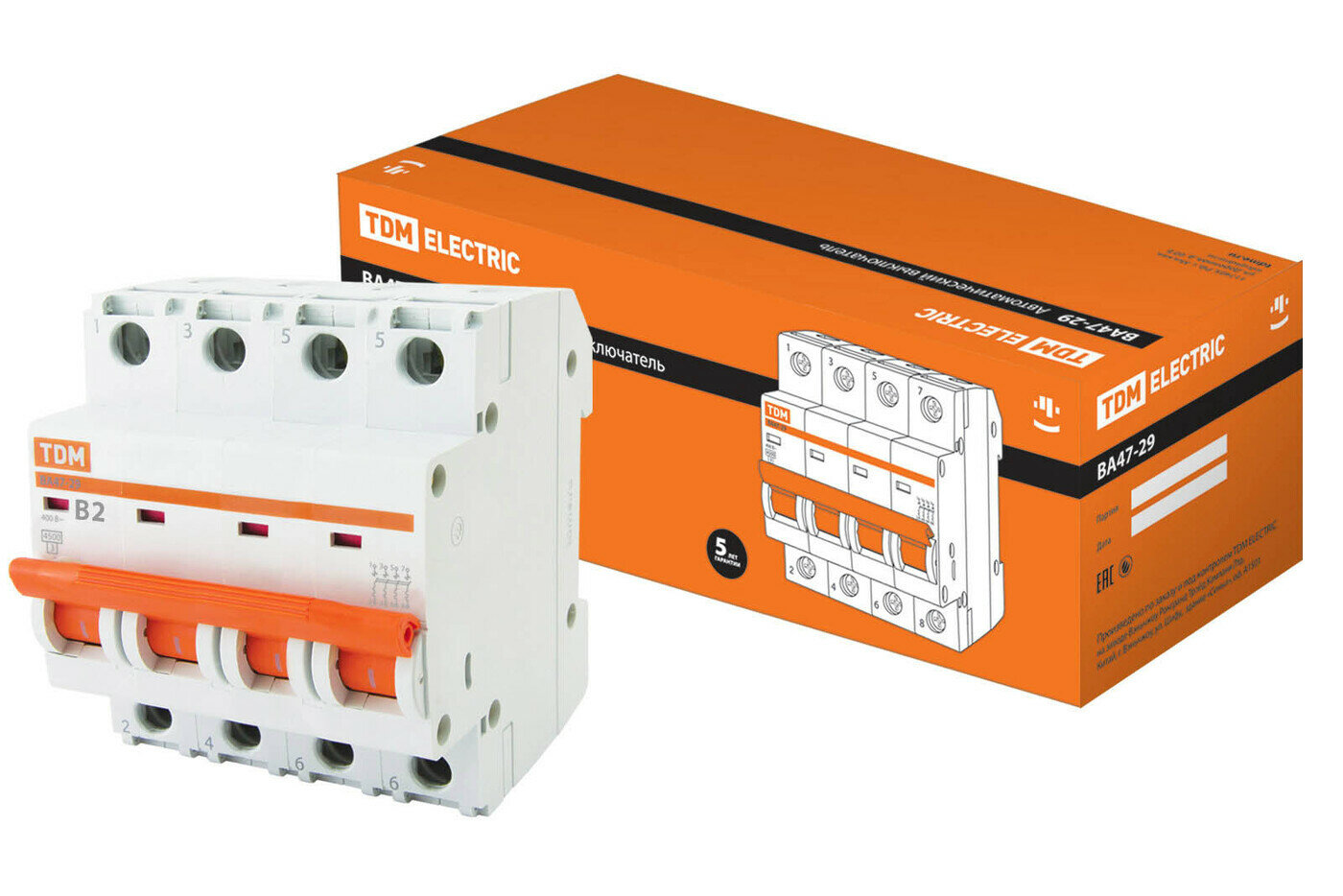 Автоматический выключатель ВА47-29 4Р 2А 4,5 кА тип В TDM Electric