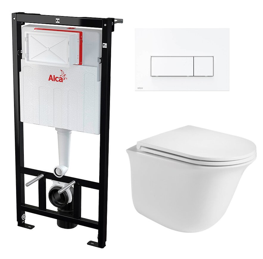 Комплект 3 в 1 инсталляция AlcaPlast + Подвесной унитаз WeltWasser Telbach 004 GL-WT + кнопка белая