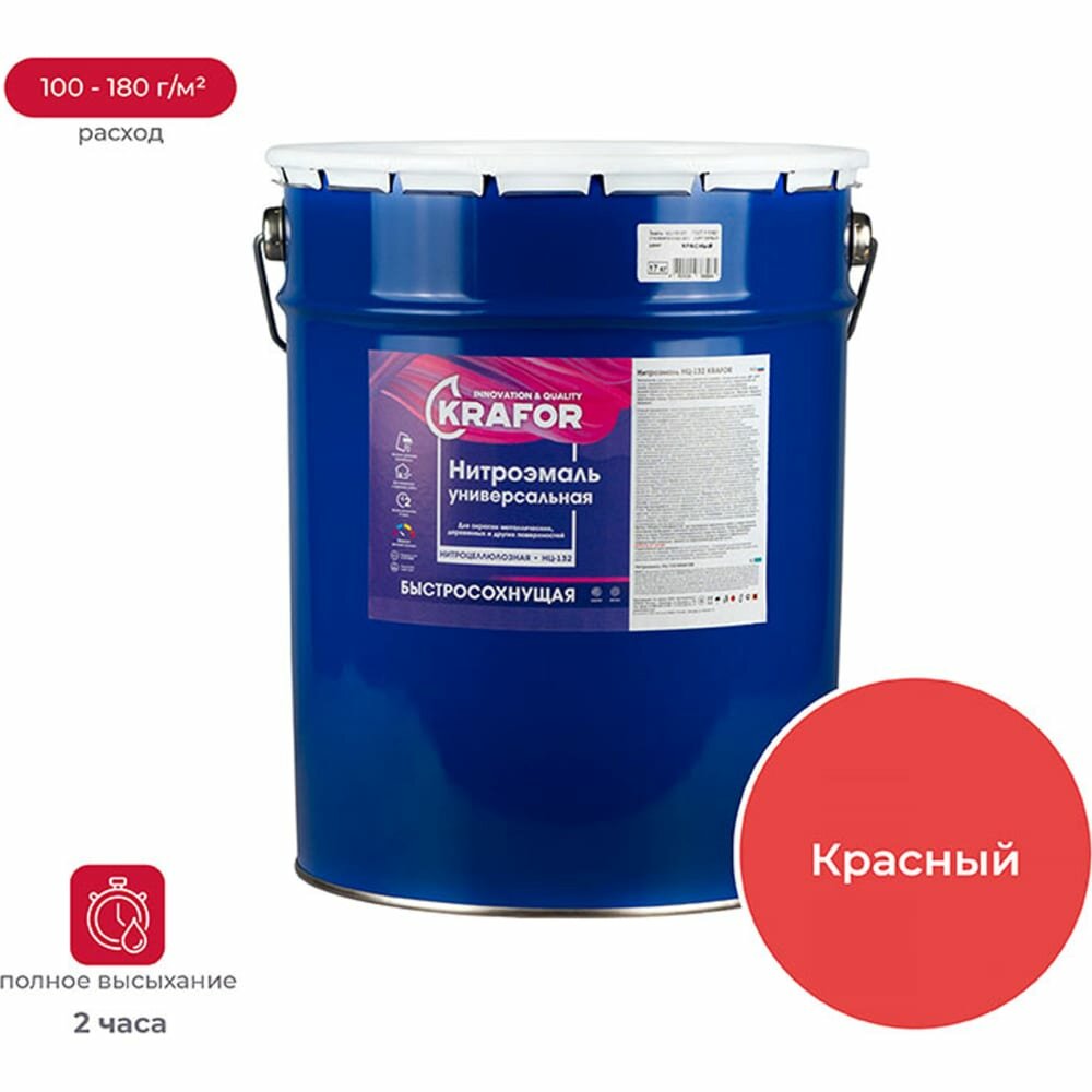 Эмаль KRAFOR НЦ-132 красная, 17 кг 26503 для защиты и декоративного покрытия поверхностей
