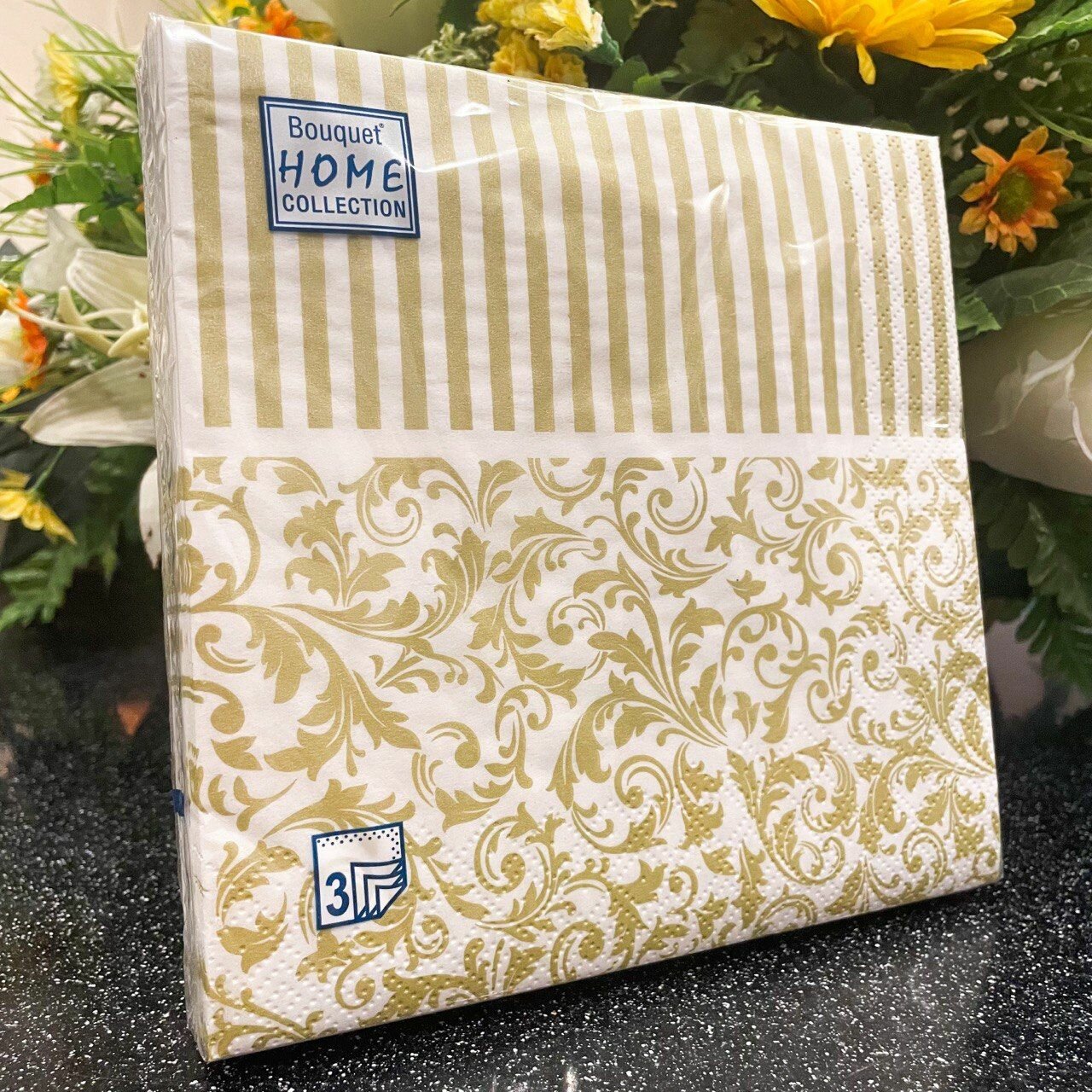 Бумажные салфетки Desna "Золотые узоры и полосы", с рисунком, 33x33 см