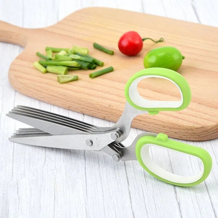 Ножницы кухонные для зелени, нержавеющая сталь, 5 лезвий, пластик, зеленые