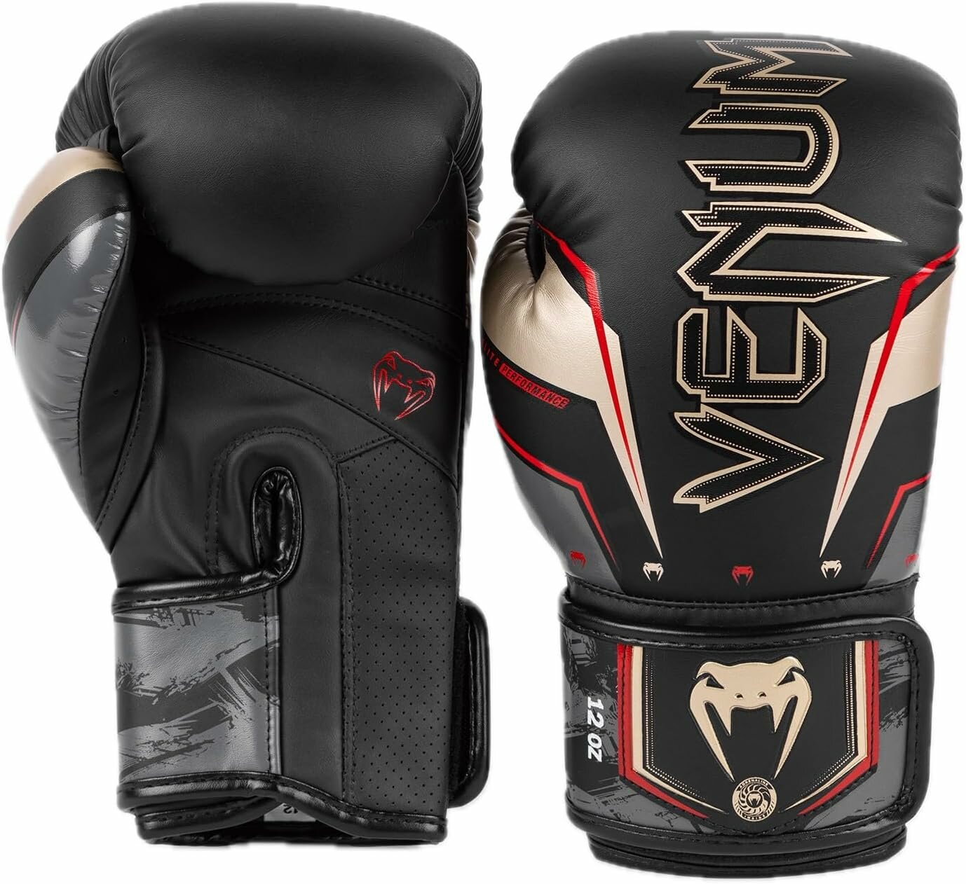 Перчатки боксерские Venum Elite Evo черный/золотой/красный, вес 10 унций, арт. VENUM-04260-603-10oz