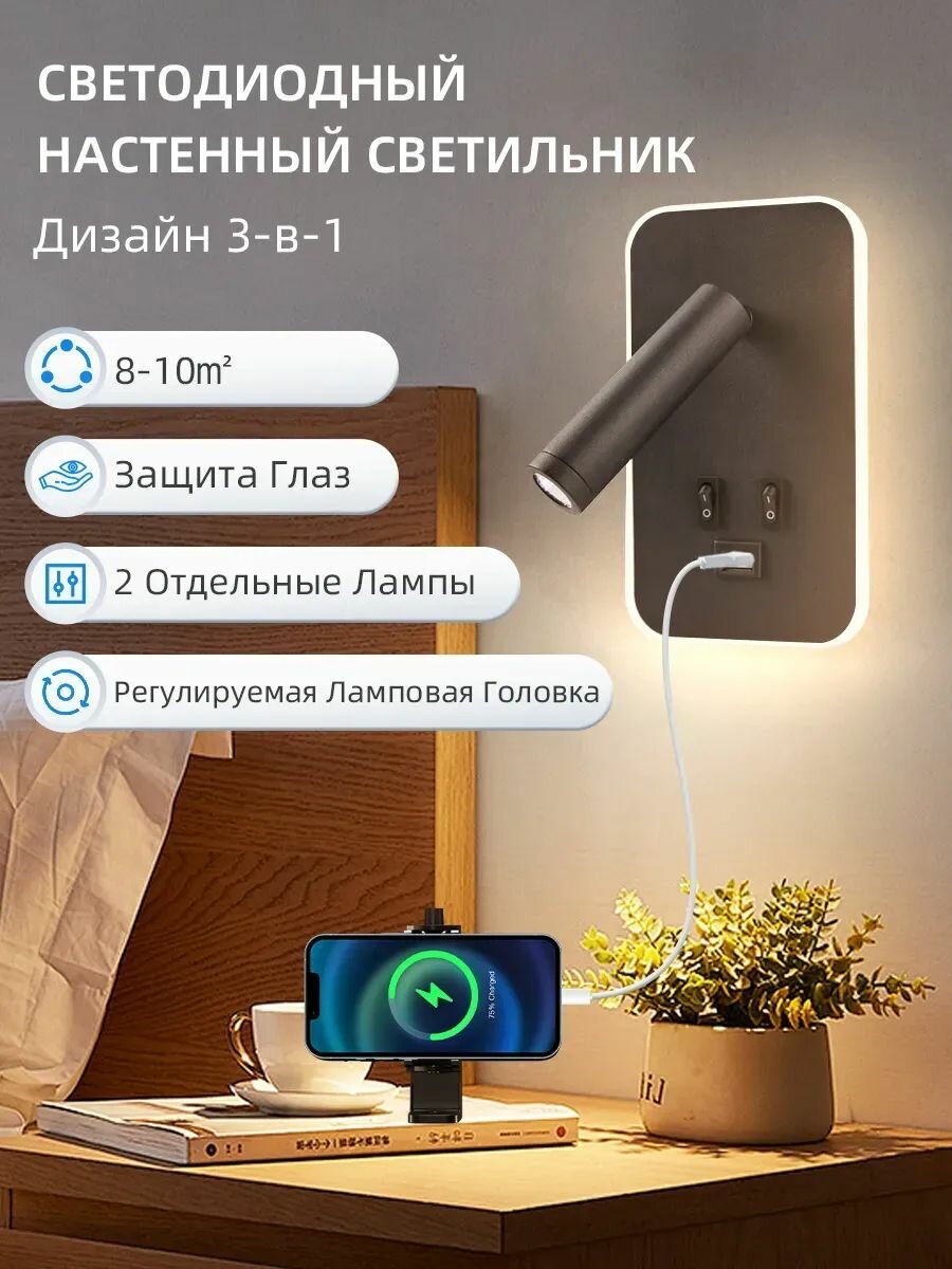 Светильник настенный с выключателем, Светильник настенный светодиодный поворотный с выключателем