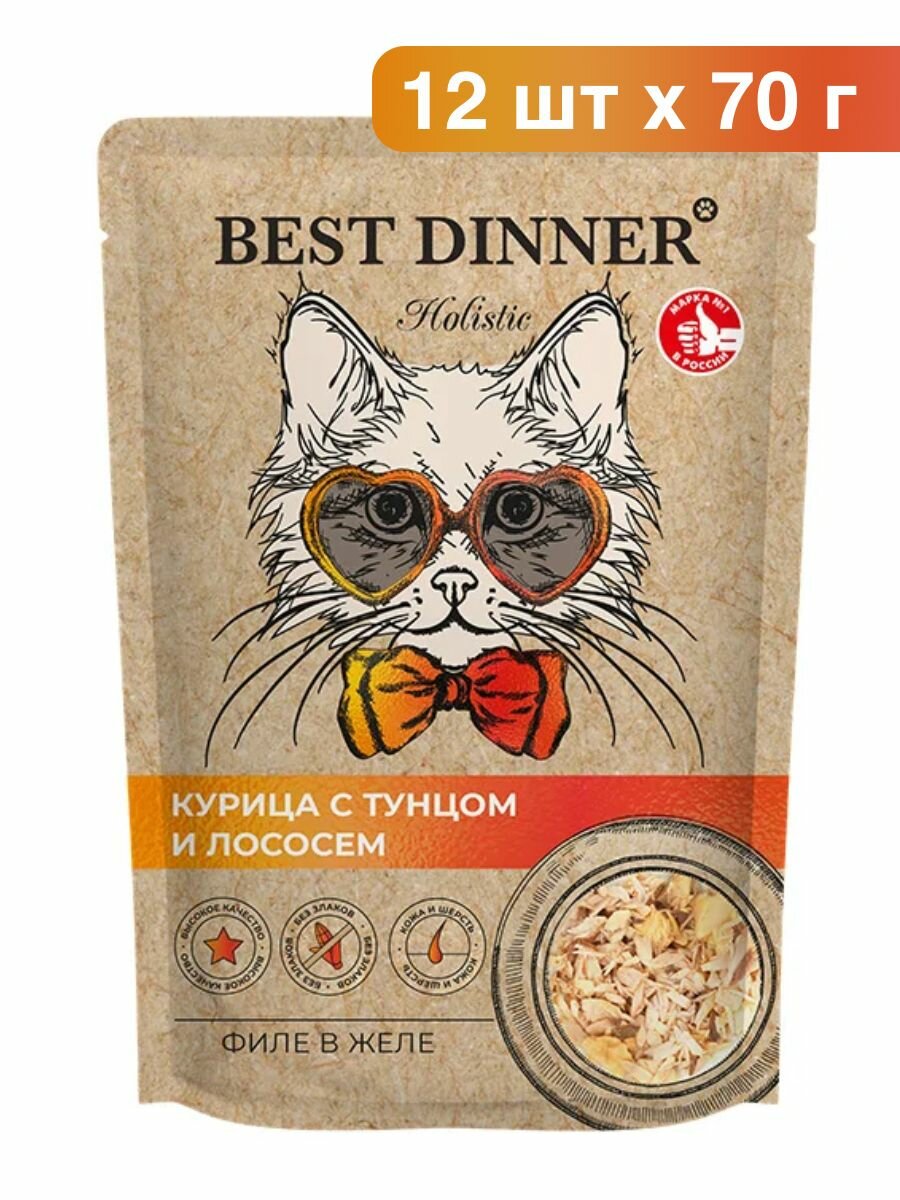 Best Dinner Holistic Влажный корм для кошек, курица с тунцом и лососем, филе в желе - 12 шт* 70 г