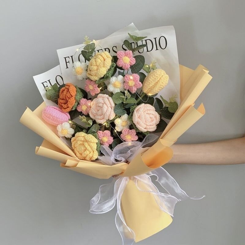 Вязаный букет из цветов, готовый вязаный букет, искусственные цветы, ручная работа, супер большой букет, подарок для девушки на День святого Валентина, день рождения