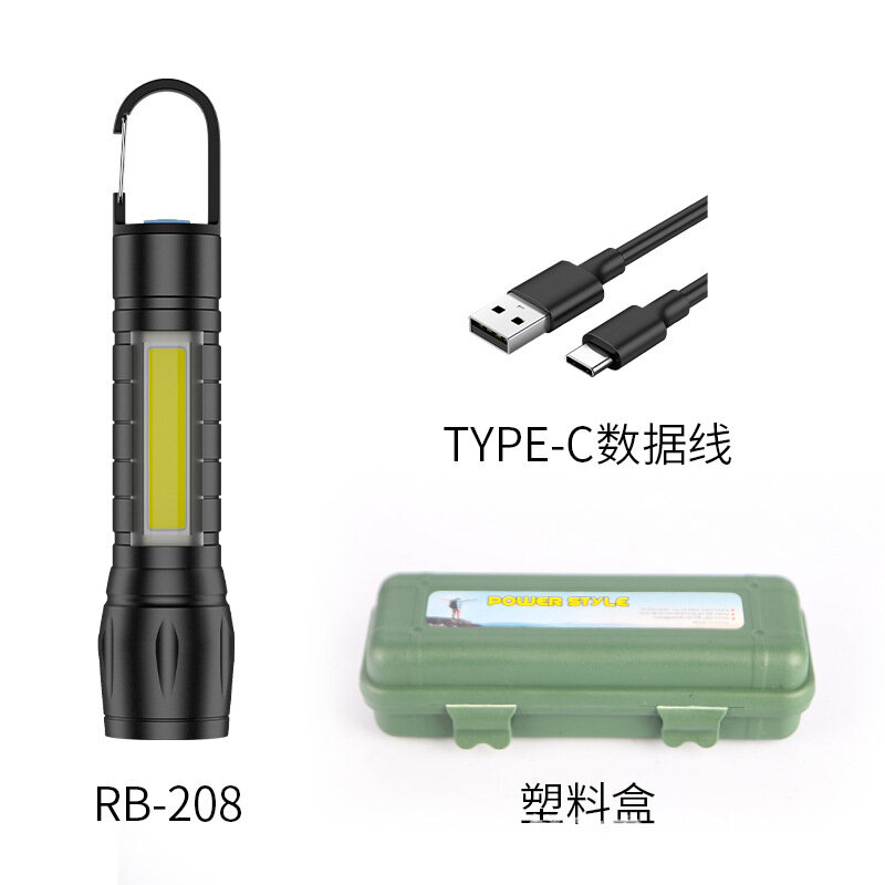 Трансграничный новый фонарик с сильным светом T6 Zoom Type-C, длинный выстрел с боковым светом COB, перезаряжаемый