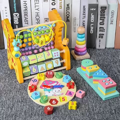 Монтессори деревянная бусинка мозаика с оленем, стекающими колоннами, башней и часами для 1-3 лет