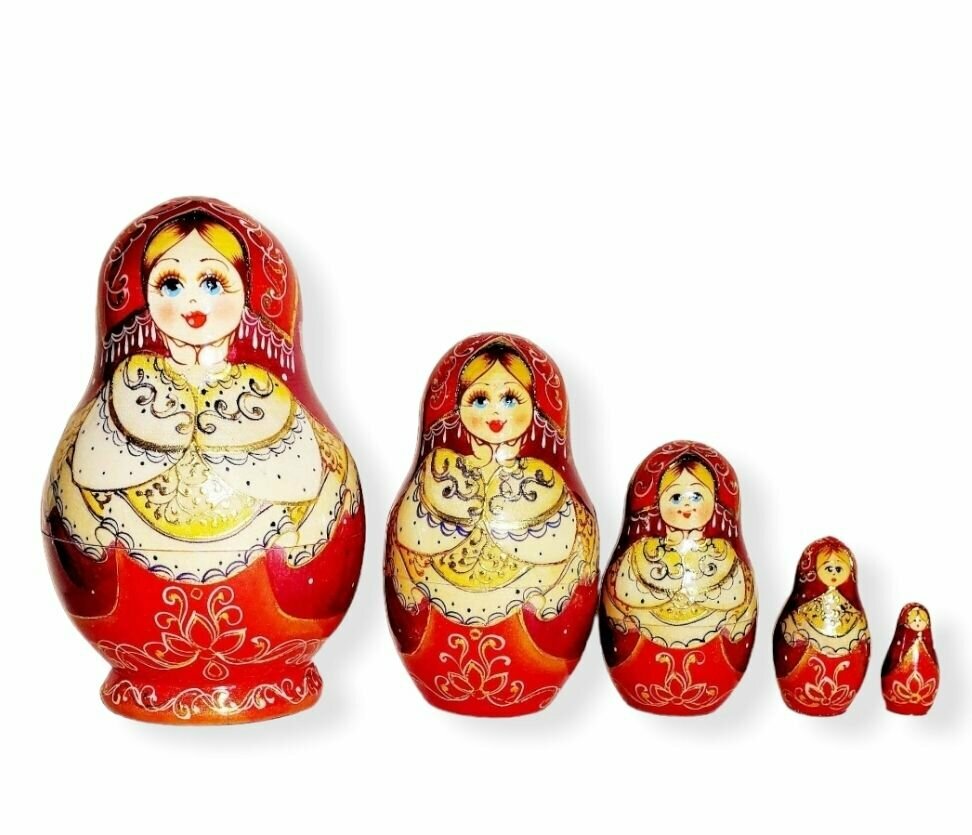 Матрешка авторская "Барышня" 5 в 1; Высота 13 см. Красное платье