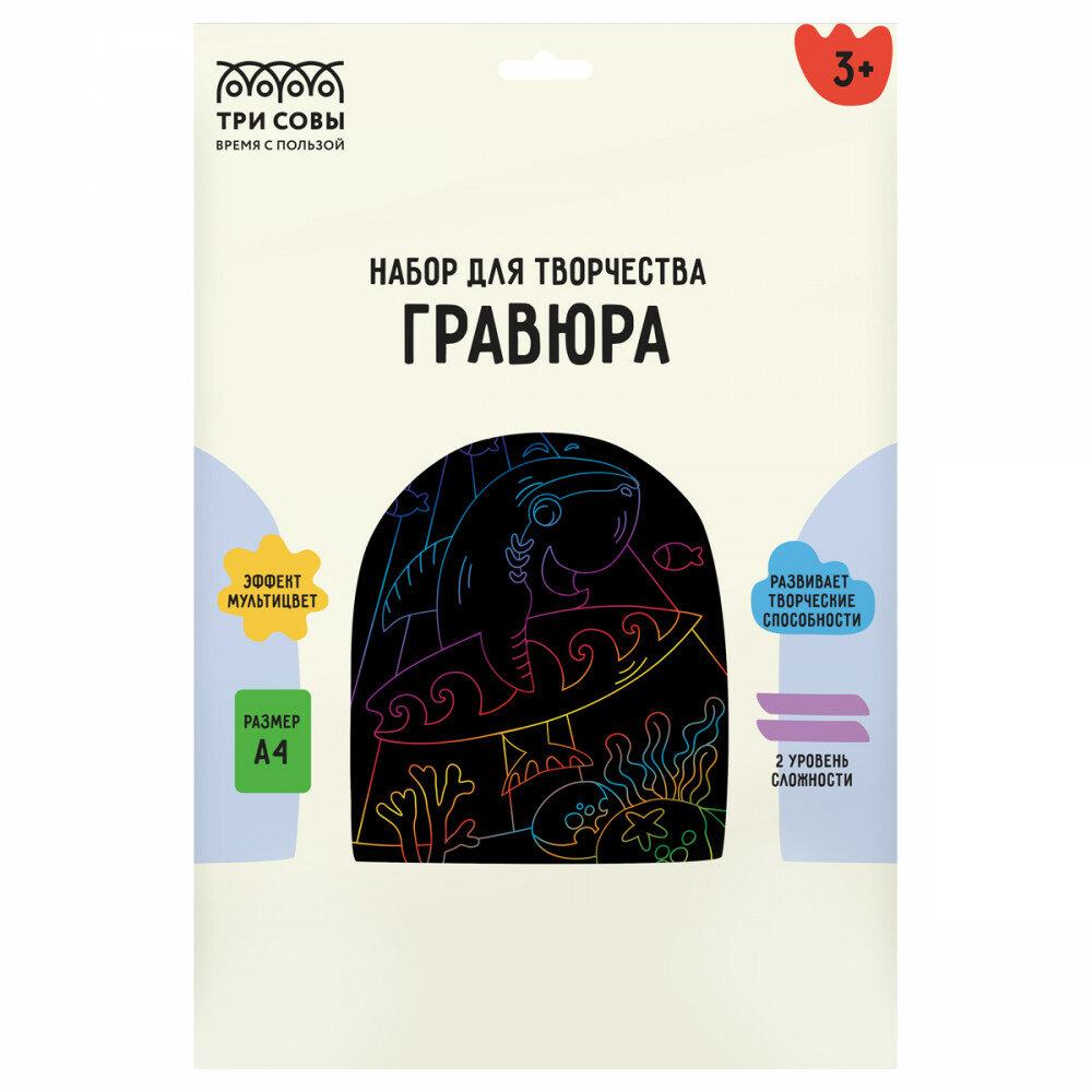 Гравюра с мультицветной основой ТРИ совы "Акула-серфер" А4 1 шт