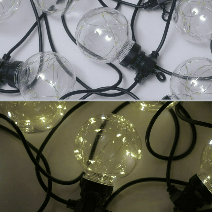 Гирлянда 5 м 10 ламп с нитью росой 3В прозрачная колба G80 теплый свет, солнечная энергия