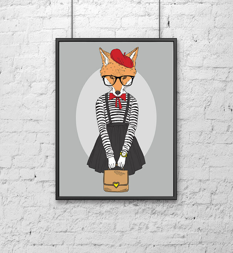 Постер для интерьера на стену (30х40 см). Звери-хипстеры - Лиса / постеры картины для интерьера, постеры для интерьера, постер на стену, картина на стену, картина на кухню, плакат, декор и интерьер