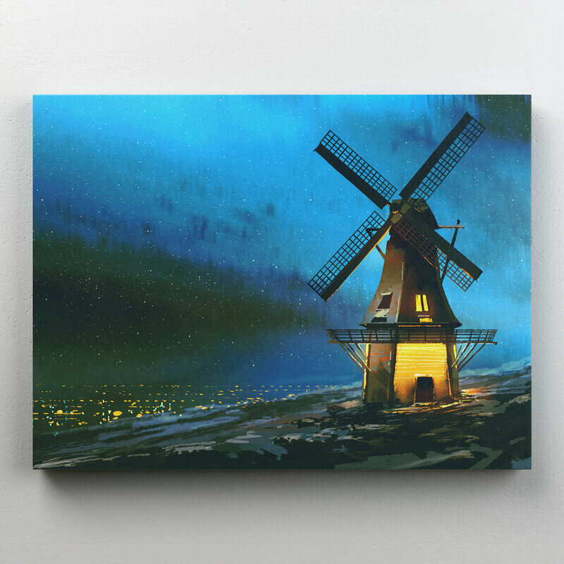 Интерьерная картина на холсте "Старая мельница на фоне современного города" размер 30x22 см