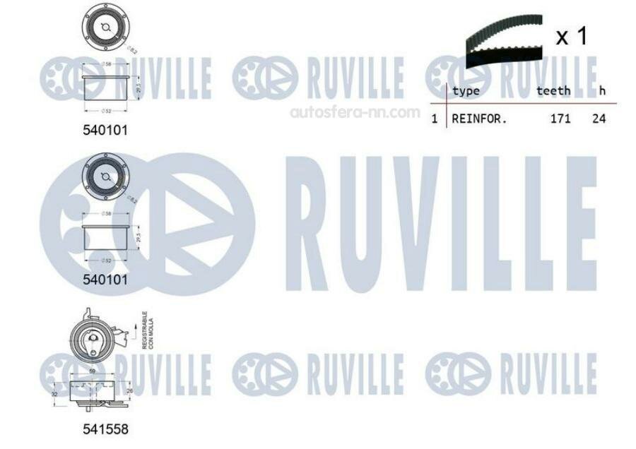 RUVILLE 550311 Комплект ГРМ CHEVROLET/OPEL CAPTIVA/ANTARA/FRONTERA/OMEGA 2.2/2.4I 1995 => (ролик 3шт+ремня 171x24)