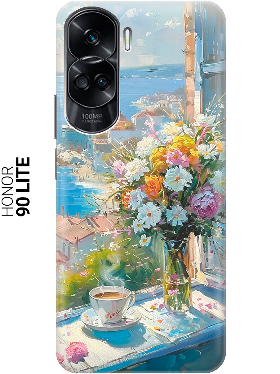 Силиконовый чехол на Honor 90 Lite с принтом "Букет цветов и кофе"