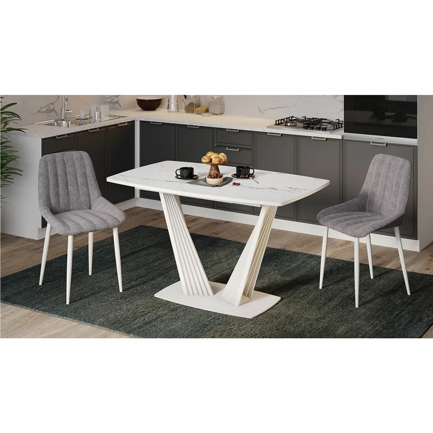 Стол раздвижной Фабио Белый матовый, Стекло матовое белый мрамор 130х80х75 см