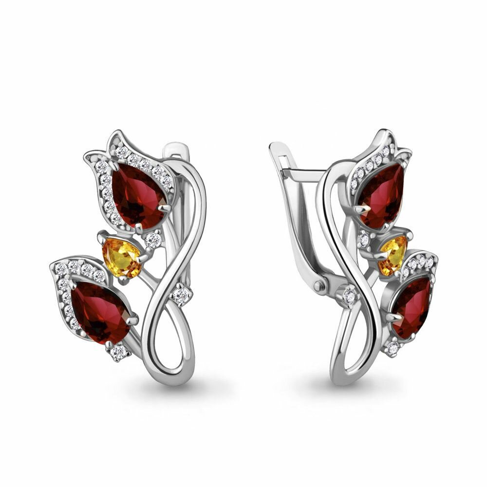 Серьги, серебро, 925 проба, фианит, цитрин, гранат