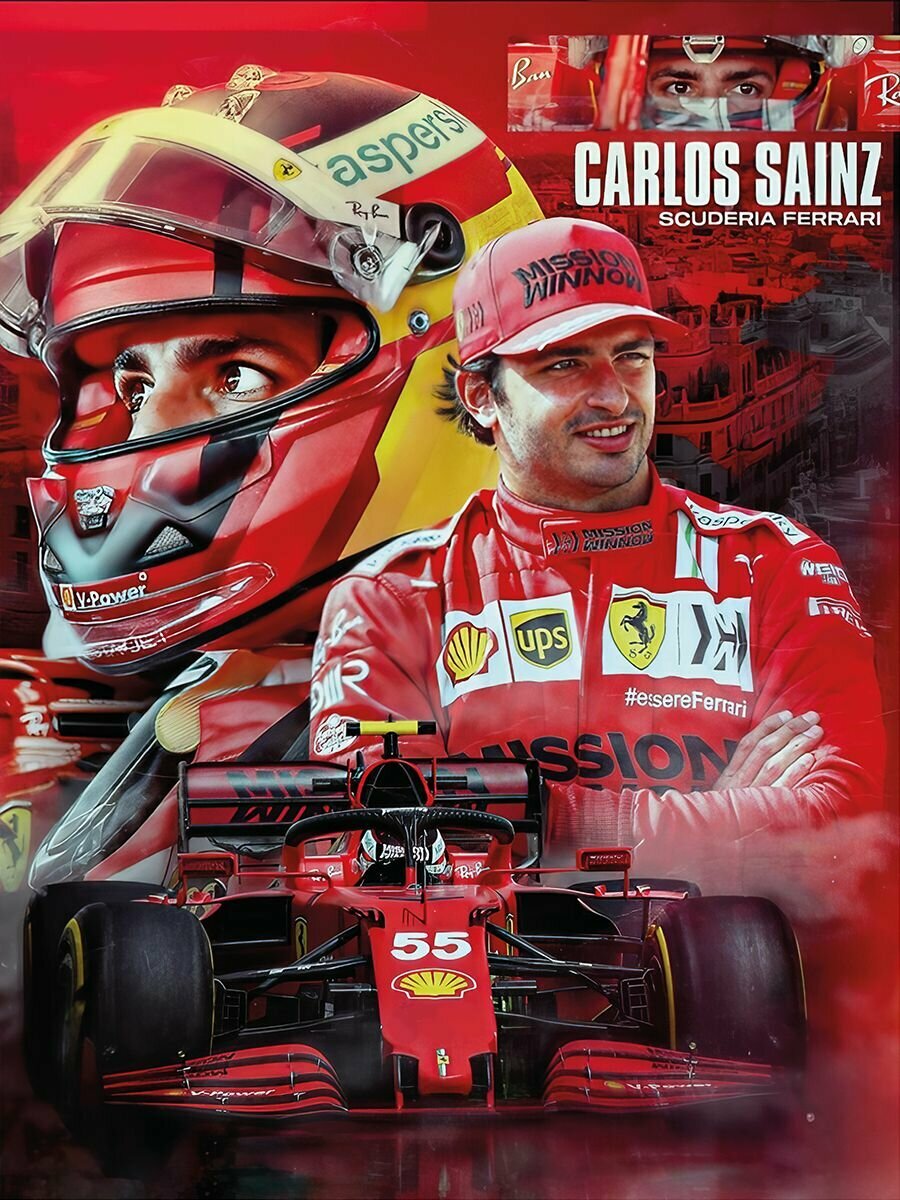 Постер для интерьера на стену (60х90 см). Формула 1 - Карлос Сайнс (F1 Ferrari)
