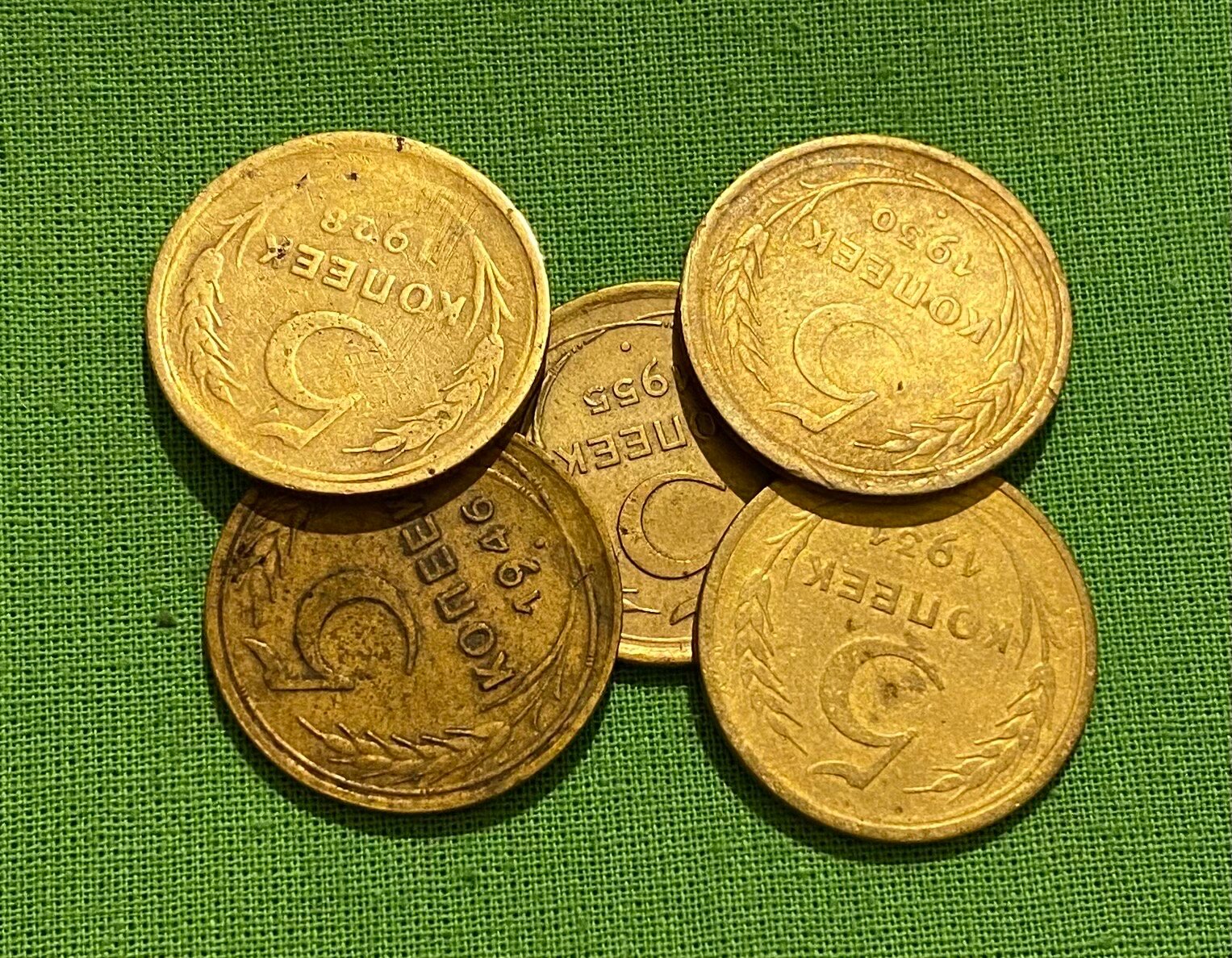 Набор монет СССР 5 копеек 1928,1930,1931,1946,1955 гг, оригинал, из обращения