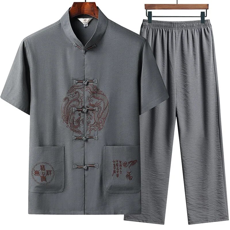 Льняной костюм Тан YZYOUTHZING оверсайз с драконом Серый, XXXL, Dark Gray