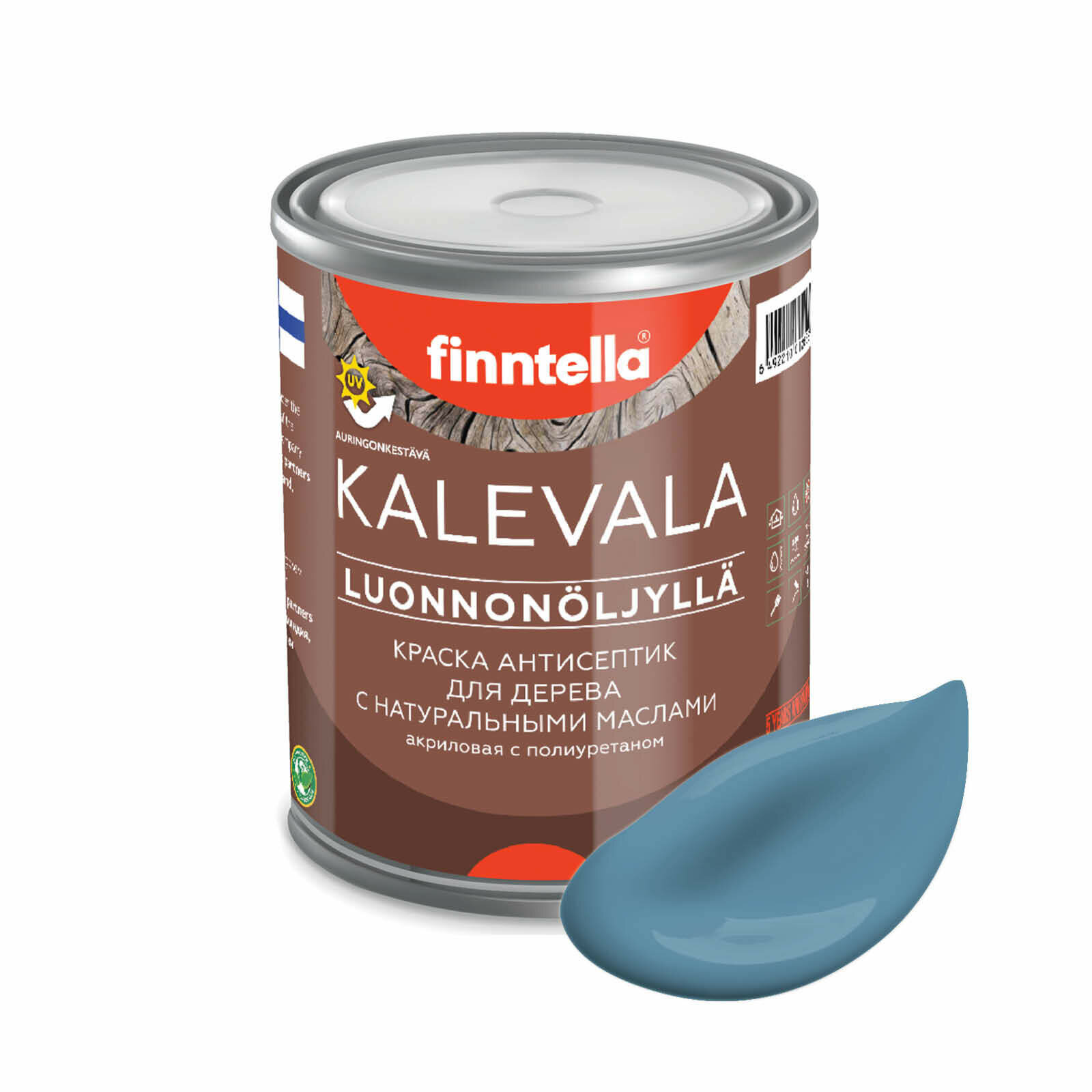 Краска для дерева и деревянных фасадов FINNTELLA KALEVALA, с натуральным маслом и полиуретаном, цвет TERASSININEN (пастельный синий) , 0,9л