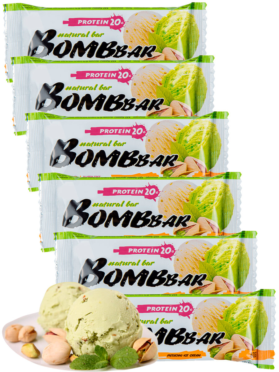 Протеиновый батончик BombBar Protein Bar 6 x 60 г, Фисташковый-Пломбир