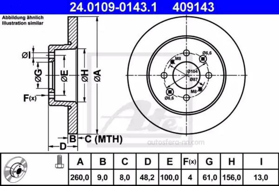 ATE 24010901431 Диск тормозной задн, HONDA: CIVIC VI Aerodeck 1.4 16V/1.5 16V/1.6 16V 98-01, CIVIC VI Fastback 1.4 i/1.6 94-01, CIVIC VII Hatchback 1.4 iS/1.7 CTDi 99-06, CIVIC VI