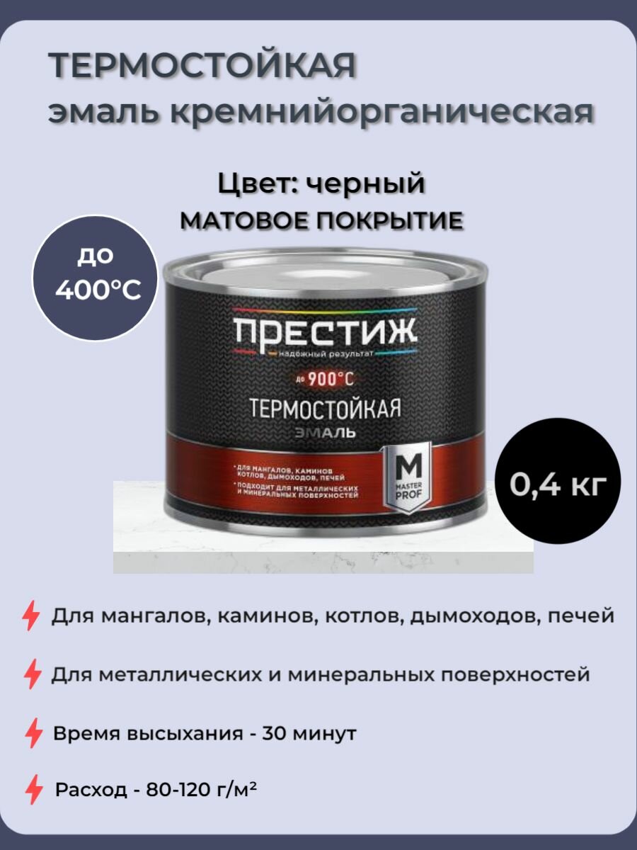 Эмаль престиж термостойкая до 400 С, кремнийорганическая, Матовое покрытие, 0.4 кг, Черная