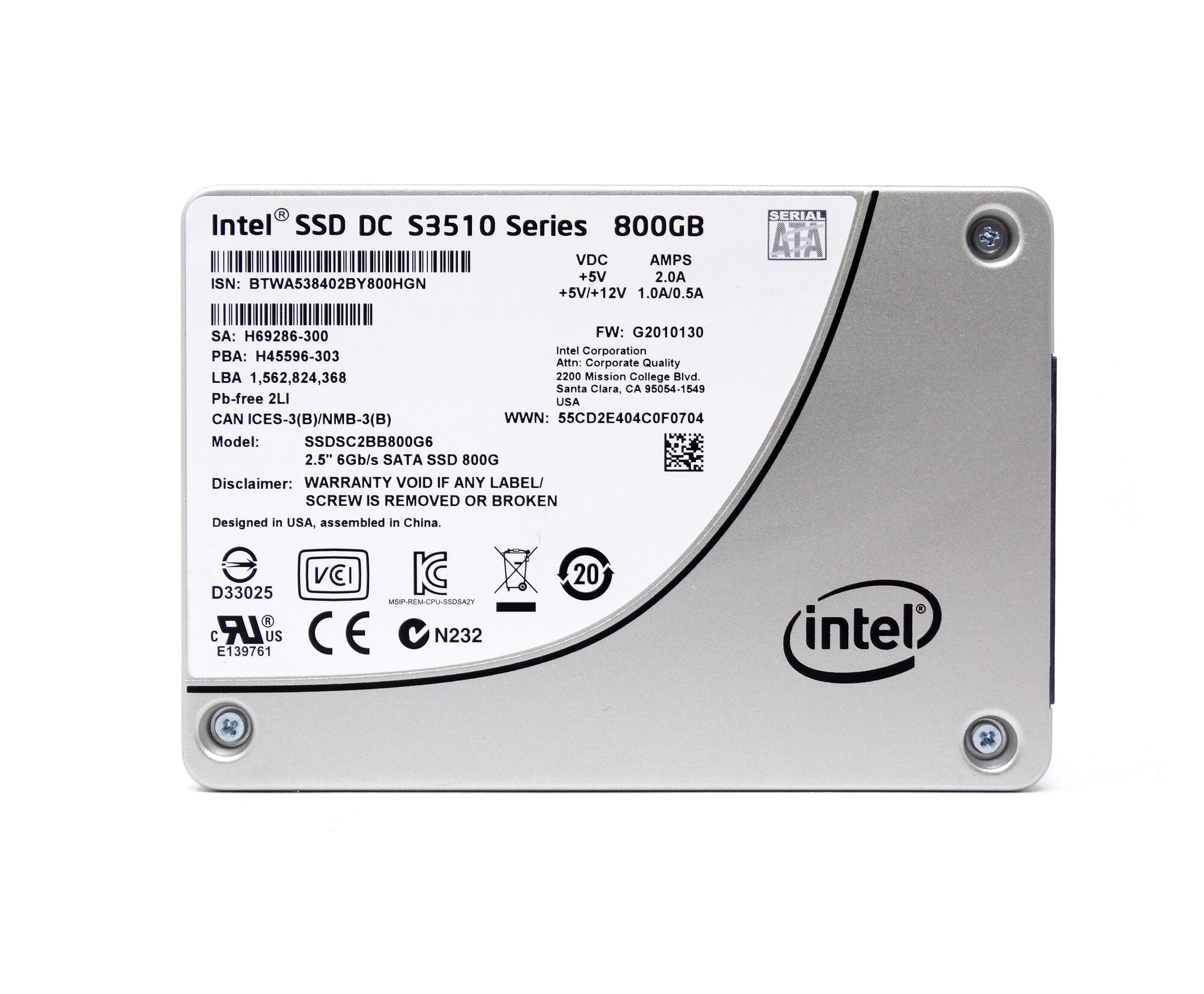 Твердотельный накопитель SSD Intel S3510 SSDSC2ВВ800G601 800Gb SATA 6G 2.5" MLC