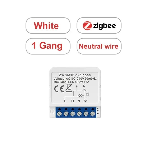 AVATTO ZWSM16-W1 Zigbee Выключатель, 1 Gang, Белый, Neutral wire