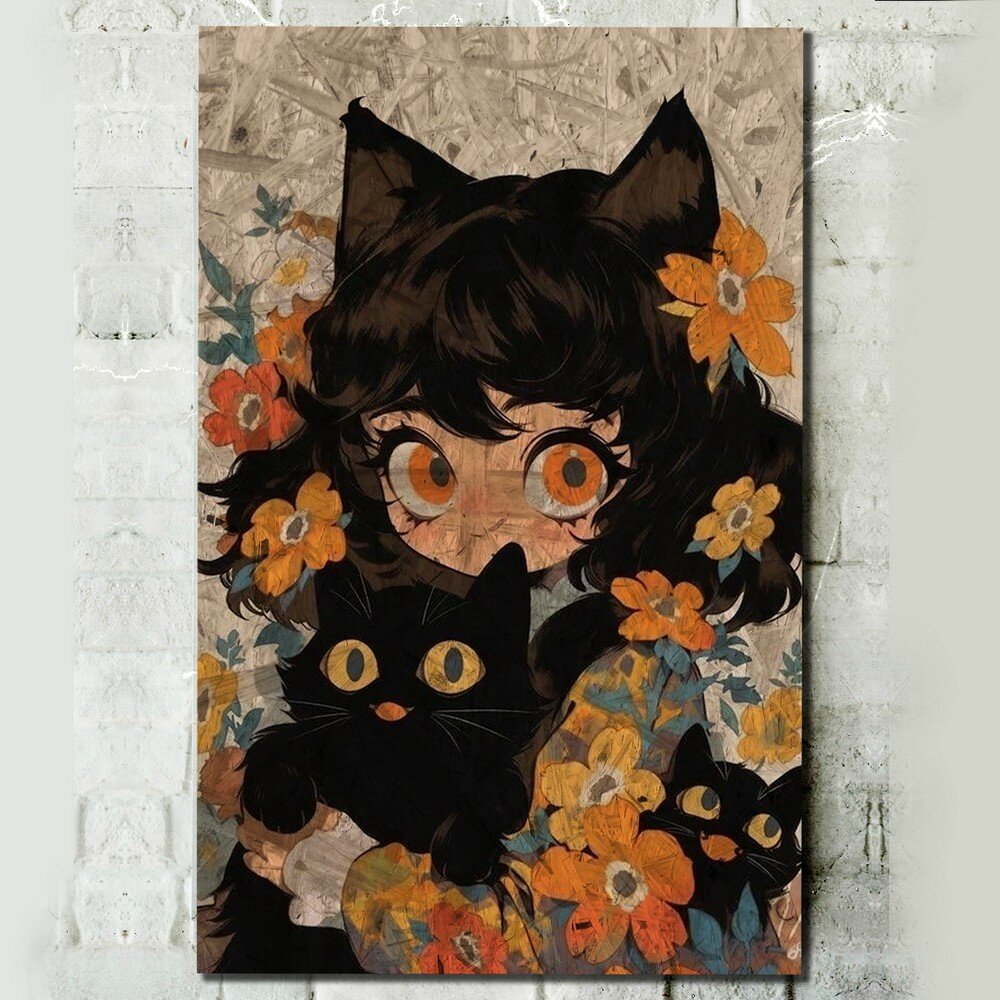 Картина интерьерная на рельефной доске маленькая девочка с котятами (кошачий арт) - 15770 В