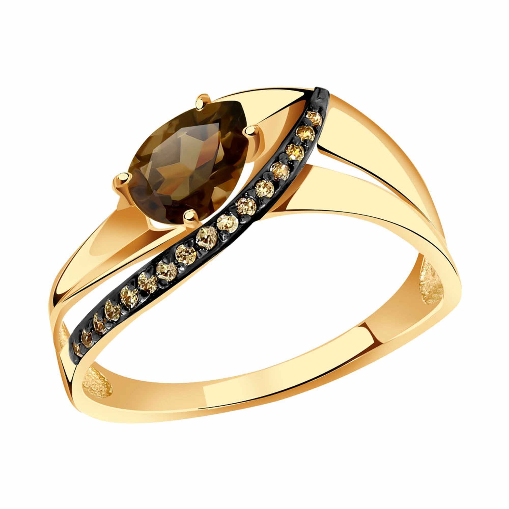 Кольцо, красное золото, 585 проба, раухтопаз, фианит