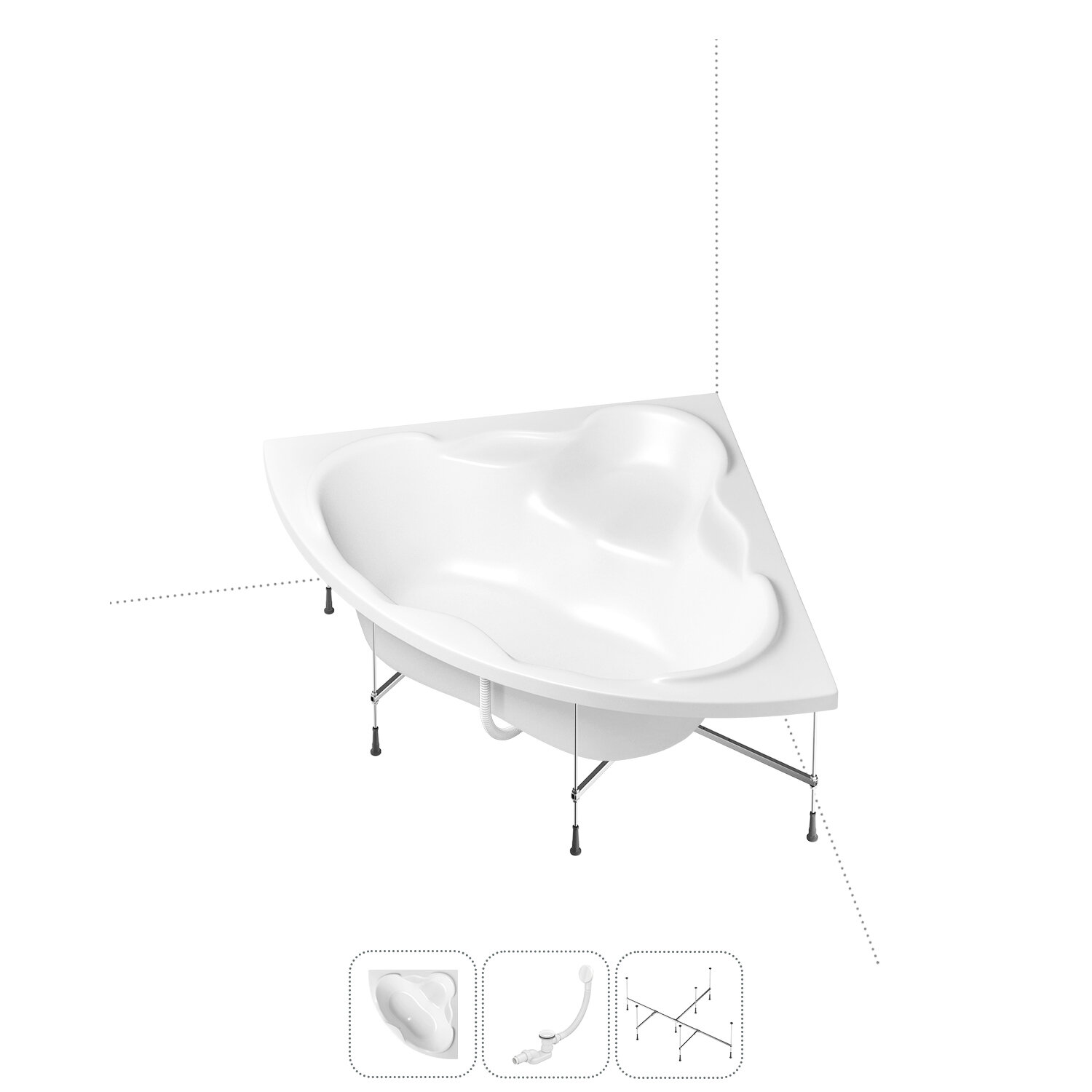 Угловая ванна акриловая 150 x 150 с каркасом Lavinia Boho Elegant 202010996 в наборе 3 в 1: акриловая ванна, слив-перелив, каркас