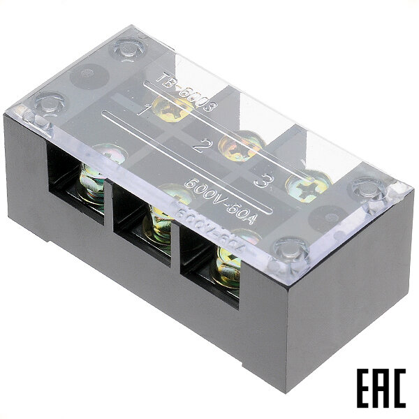 Блок клеммный 3 пары винтовых клемм 6,0 кв. мм с прозр. крышкой Ruichi TBC-6003 (3 шт. в комплекте)