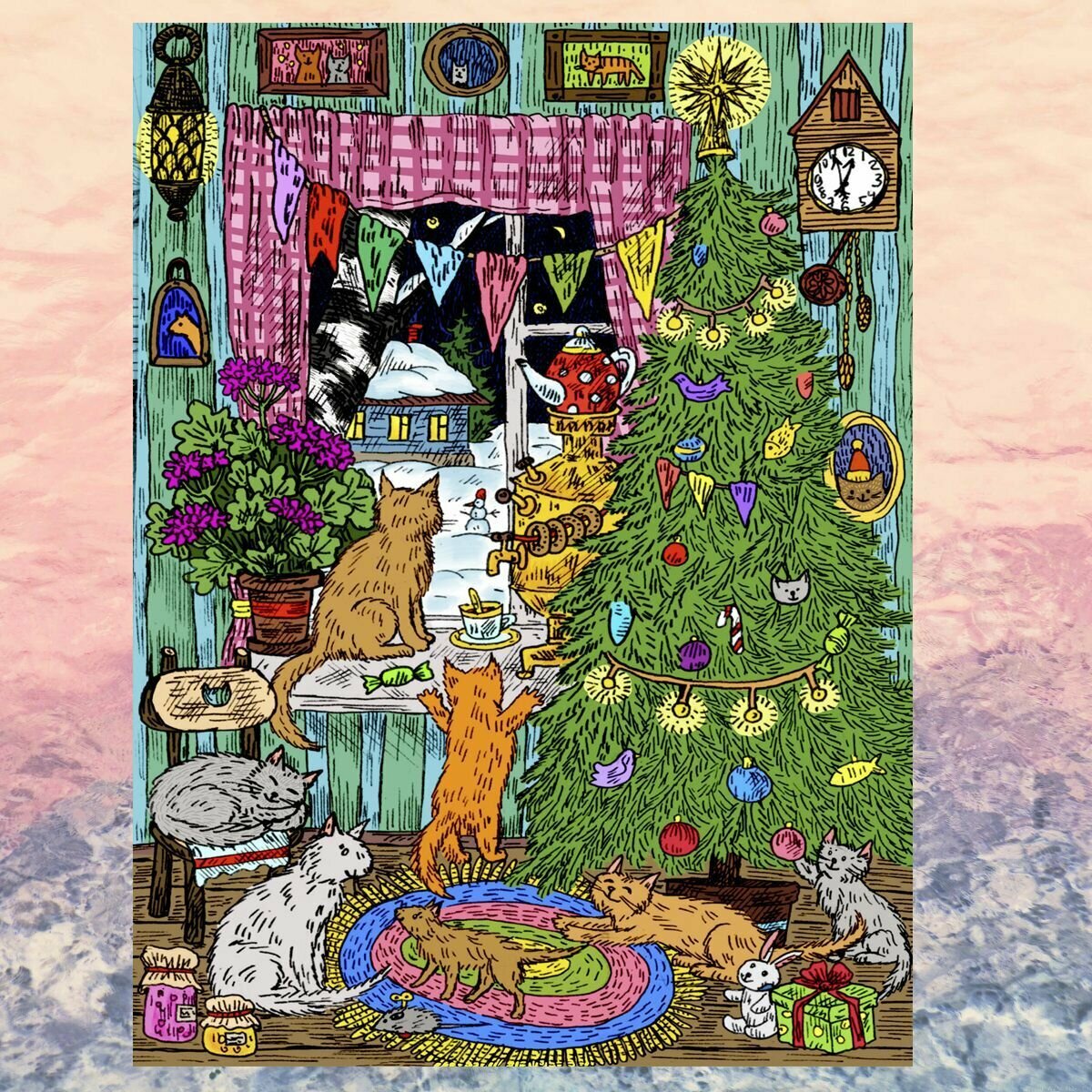 Открытка Новогодняя ночь в избушке Открытка с Новым годом и Рождеством поздравительная с конвертом