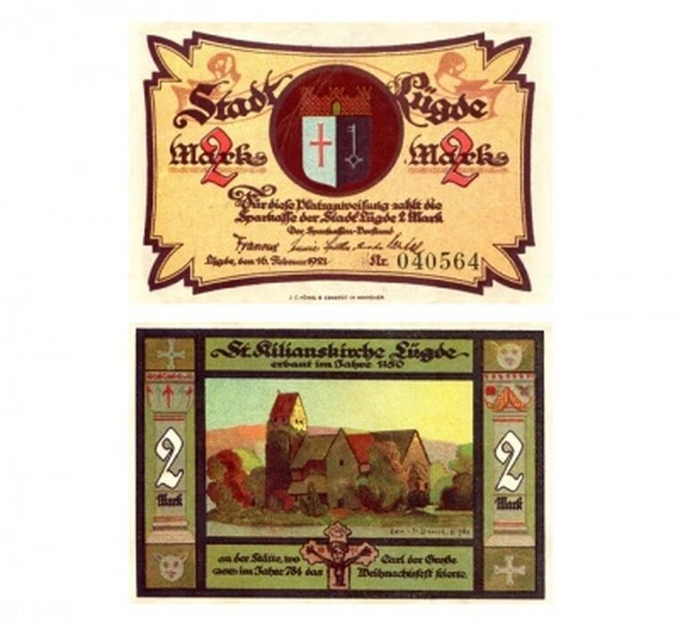 Нотгельд 2 марки 1920 Германия, Люгде, сувенирная копия, банкноты и купюры редкие коллекционные