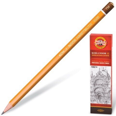 Карандаш чернографитный KOH-I-NOOR 1500, 1 штука, 7H, без резинки, корпус желтый, заточенный (150007H01170)