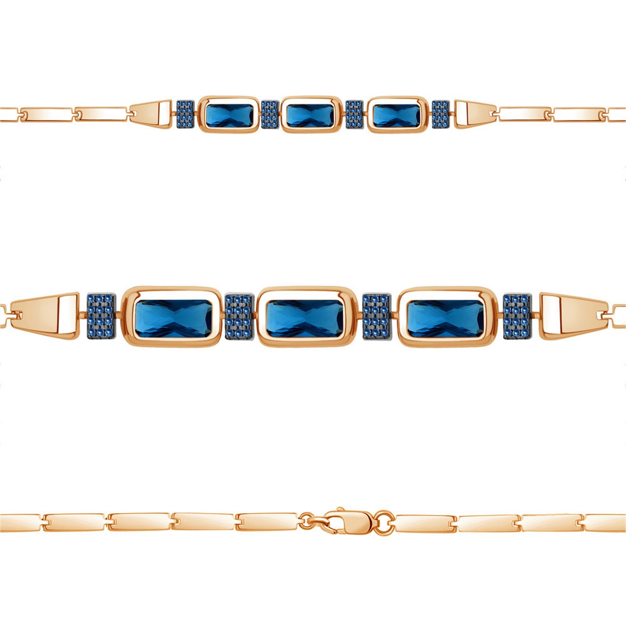 Браслет, серебро, 925 проба, золочение, сапфир синтетический