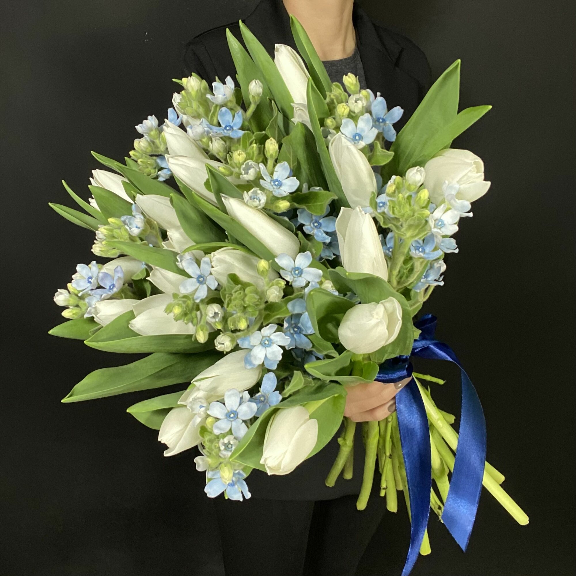 Букет тюльпанов (тюльпан белый 25 шт, оксипеталум 10шт.), высота букета 40 см