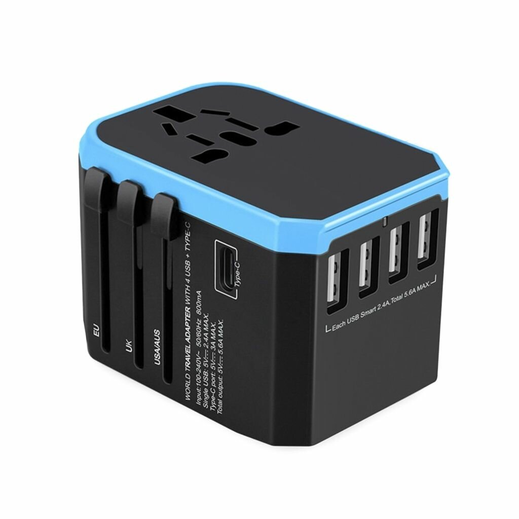 Универсальный дорожный адаптер с 4 портами USB A и 1 портом Type C. Преобразователь розетки международного стандарта для использования по всему миру.