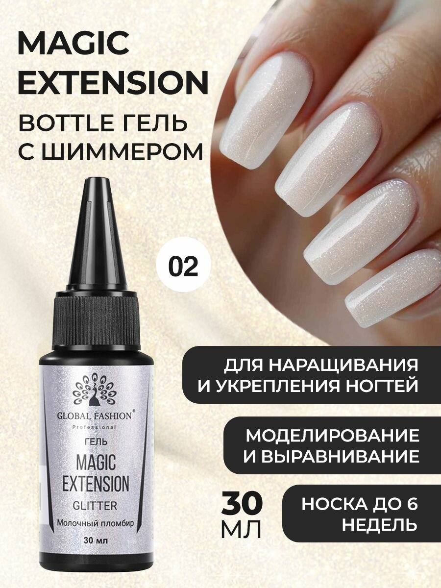 Global Fashion Молочный жидкий трёхфазный гель для наращивания и укрепления ногтей Magic Extension с шиммером, 30 мл / №02 молочный пломбир